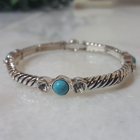 Jewelry | Silver Turquoise Bead Stretch Bracelet | Poshmark